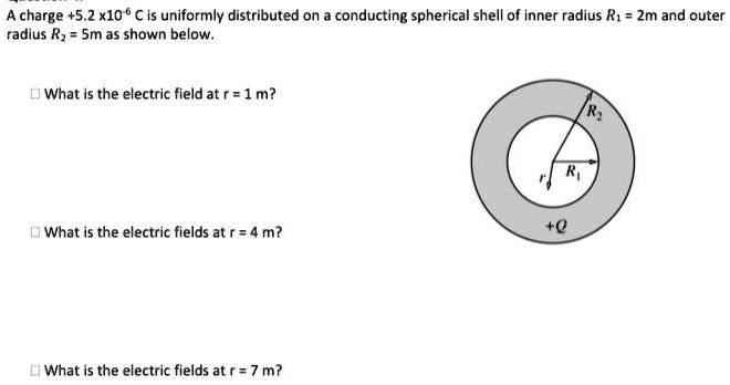 SOLVED: A charge of +5.2x10^-C is uniformly distributed on a conducting spherical shell of inner ...