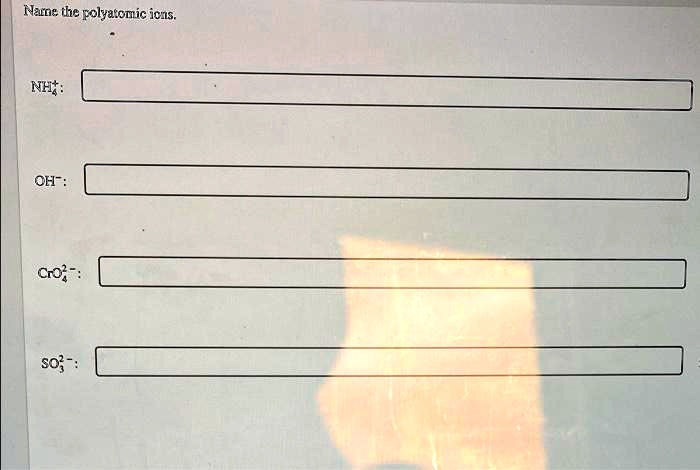 SOLVED: Name the polyatomic ions. NH4+: OH-: CrO4^2-: SO3^2-:
