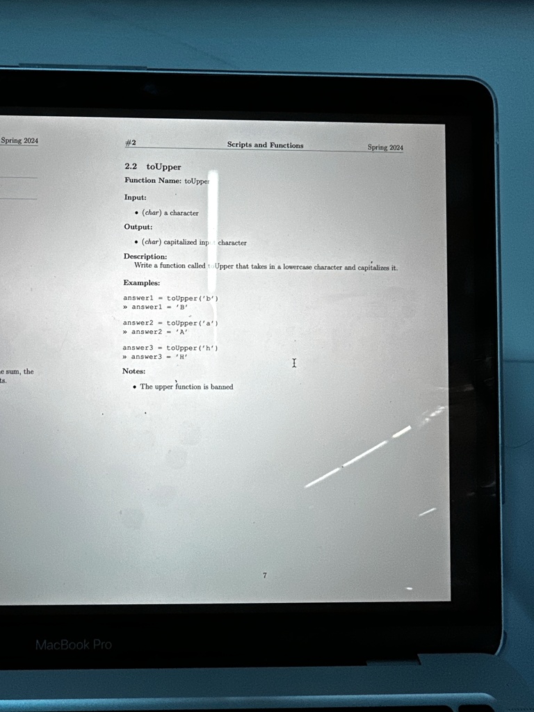 Spring 2024 #2 2.2 toUpper Function Name: toUpper Input: (char) a ...