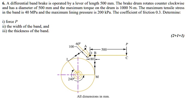 6. A differential band brake is operated by a lever of length 500 mm ...