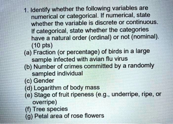 Solved Identify Whether The Following Variables Are Numerical Or Categorical If Numerical