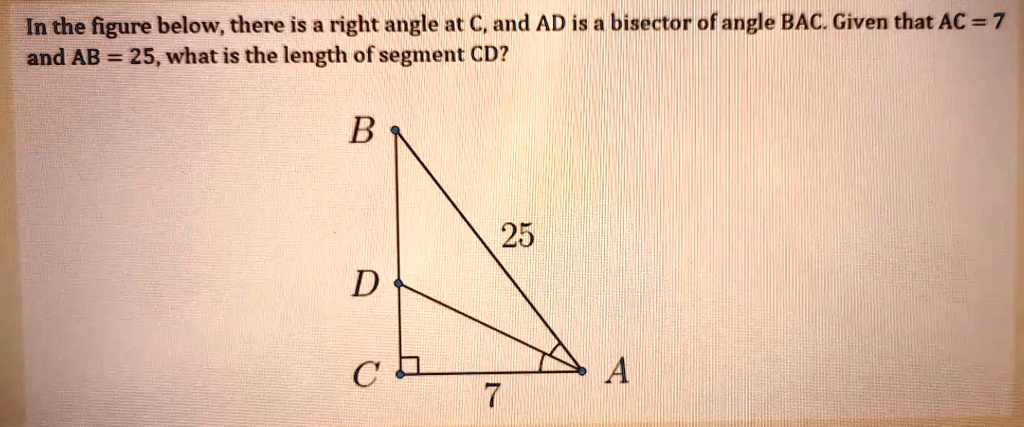 SOLVED: In the figure below, there is a right angle at C, and AD is a bisector of angle BAC ...