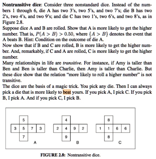 SOLVED: Nontransitive dice: Consider three nonstandard dice. Instead of ...