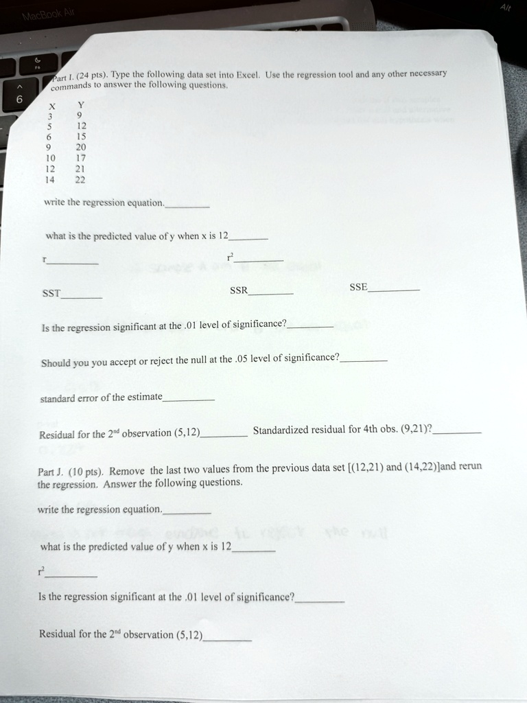 SOLVED: Part I. (24 pts). Type the following data set into Excel. Use the regression tool and ...
