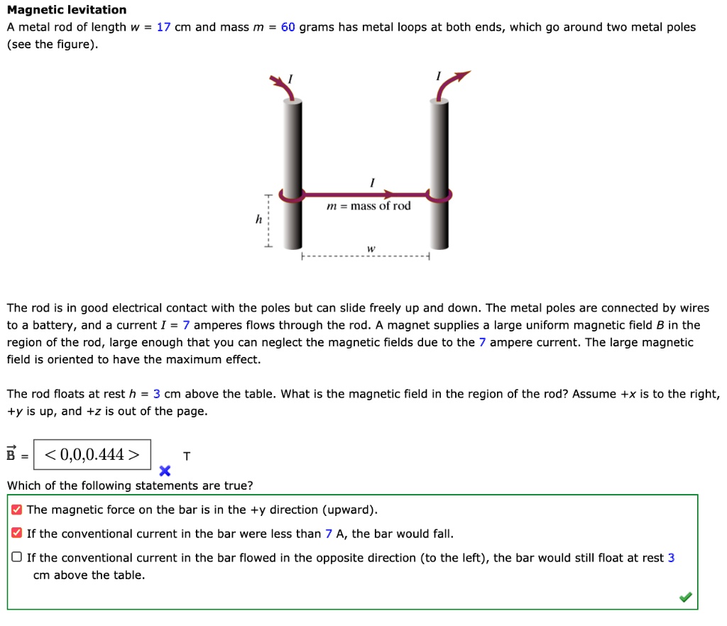 Magnetic levitation A metal rod of length w = 17 cm and mass (see the ...