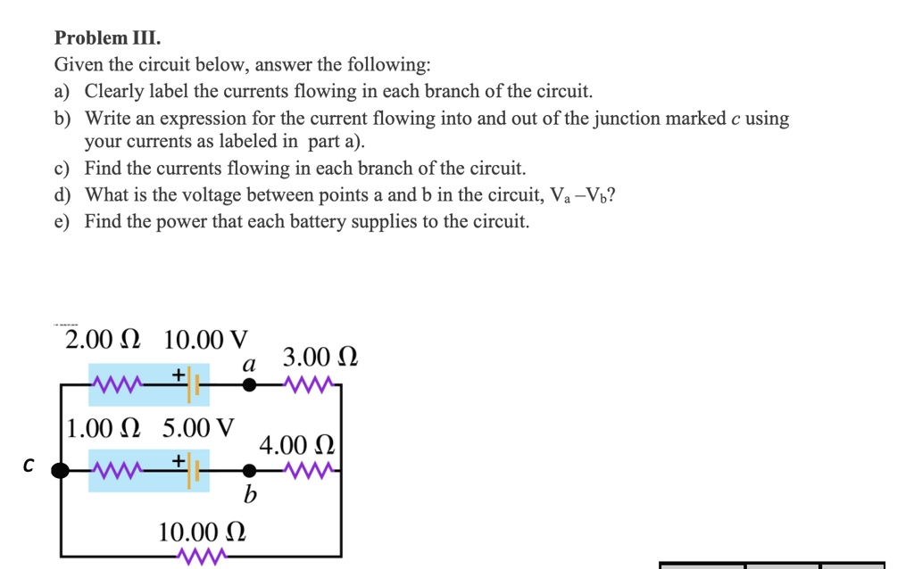 SOLVED: Problem III: Given the circuit below, answer the following: Clearly label the currents ...