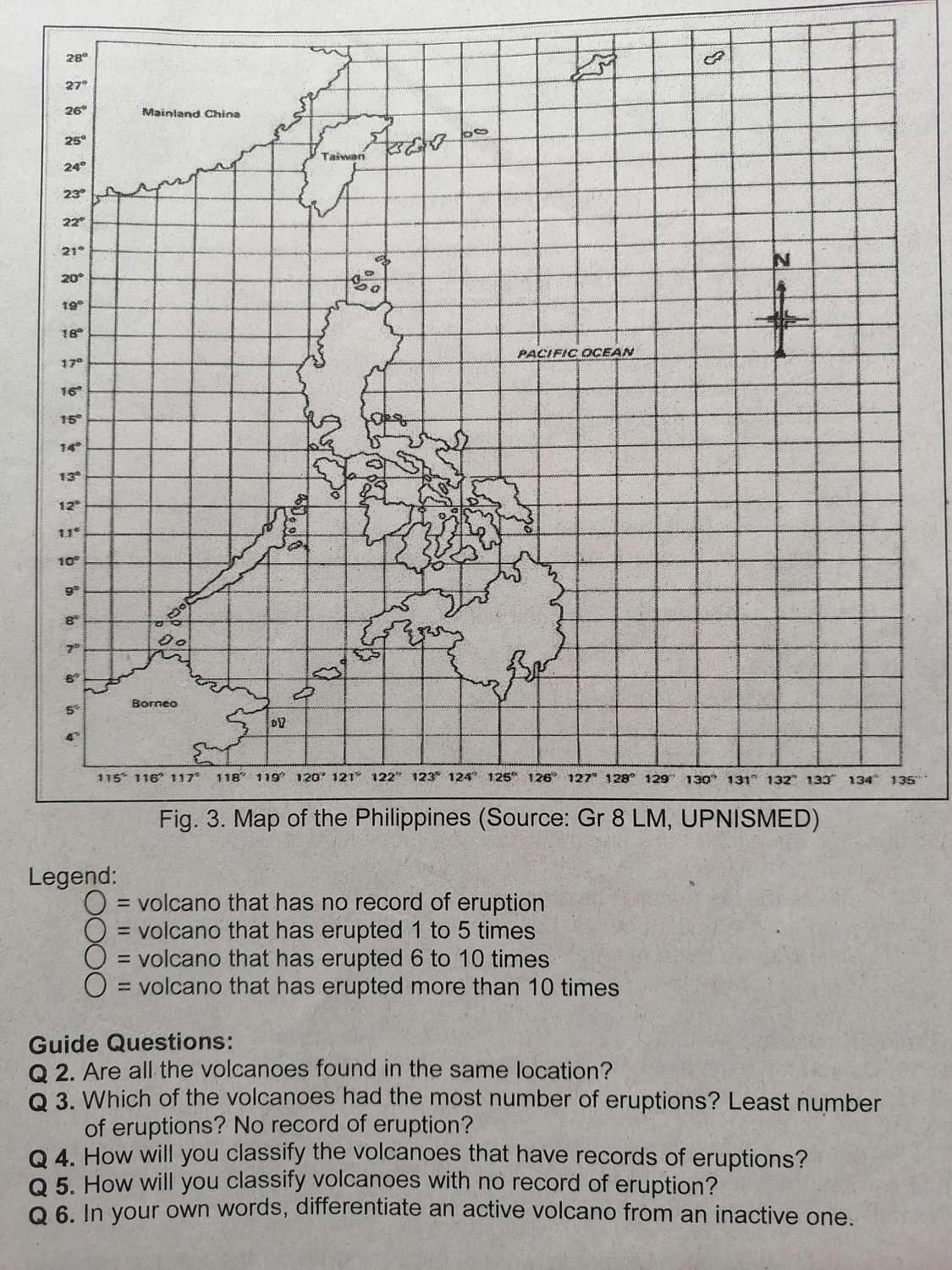 fig 3 map of the philippines source gr 8 lm upnismed legend volcano that has no record of ...