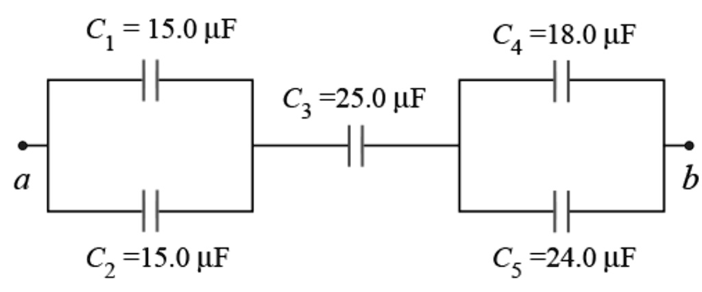 q five capacitors are connected as shown in the figure the charge on the c3 250 f capacitor is ...