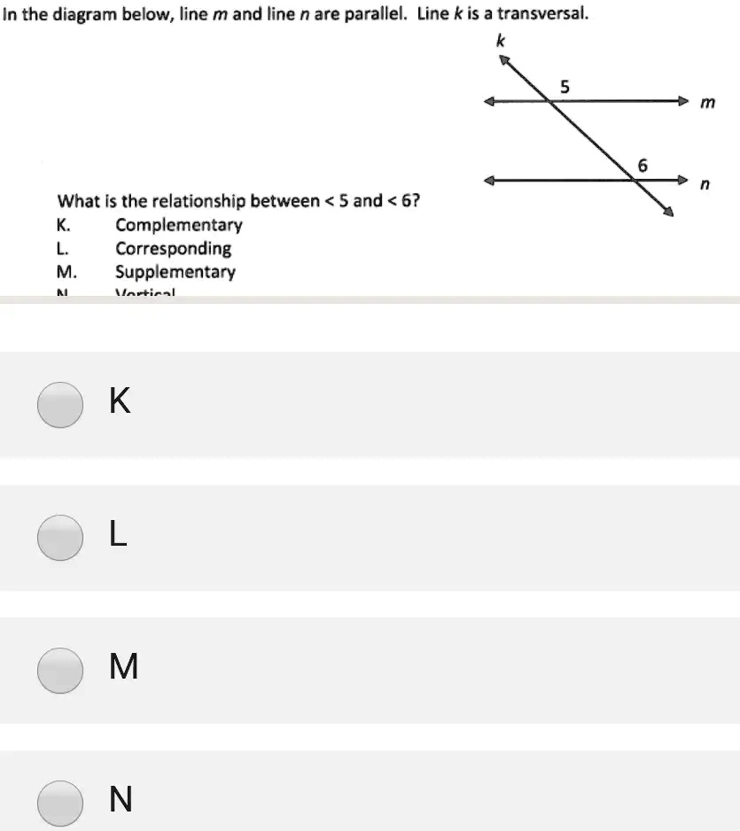 SOLVED: In the diagram below, line m and line n are parallel. Line k is a transversal. What is ...
