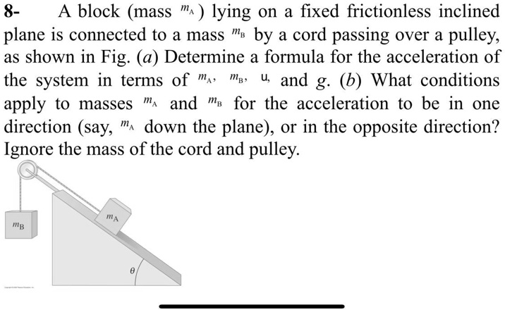 SOLVED: 8- A block (mass mA lying on a fixed frictionless inclined plane is connected to a mass ...