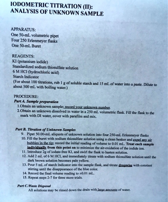SOLVED: JODOMETRIC TITRATION (U): ANALYSIS OF UNKNOWN SAMPLE APPARATUS ...