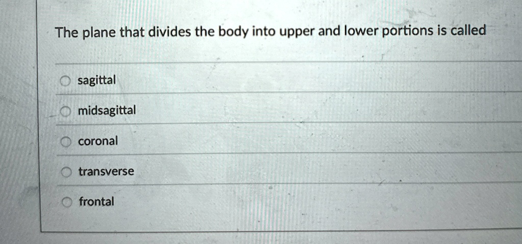 The plane that divides the body into upper and lower portions is called ...