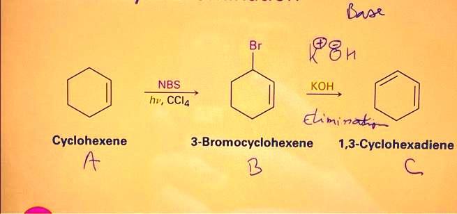 Cyclohexene A Base Br NBS hv, CCl4 KOH Elimination 3-Bromocyclohexene B 1,3-Cyclohexadiene C
