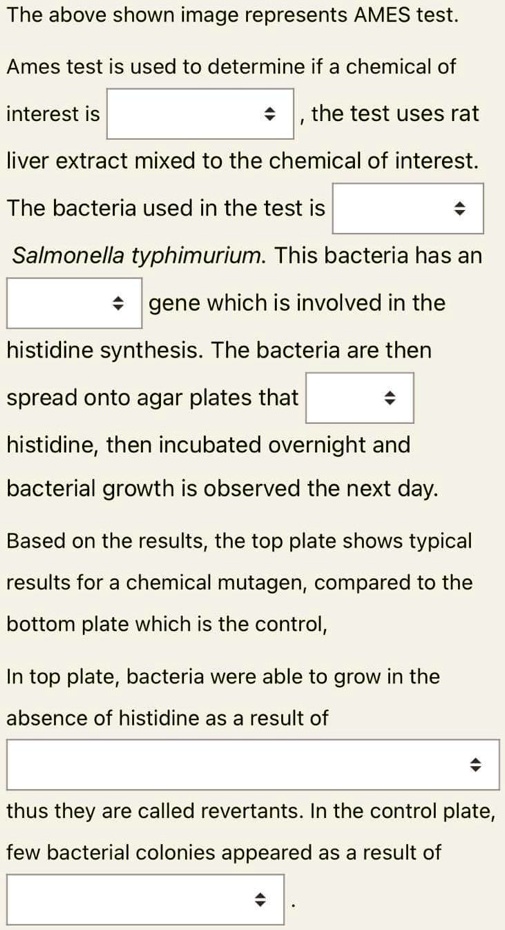The above shown image represents AMES test. Ames test is used to ...
