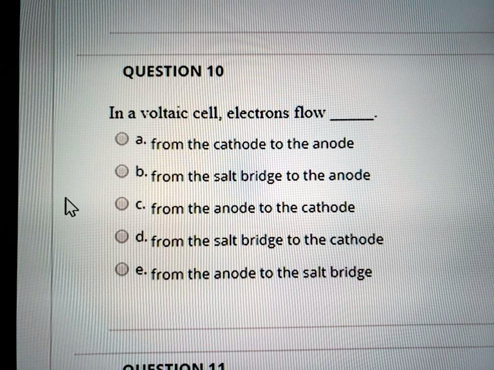 SOLVED: In a voltaic cell, electrons flow: a. from the cathode to the anode b. from the salt ...