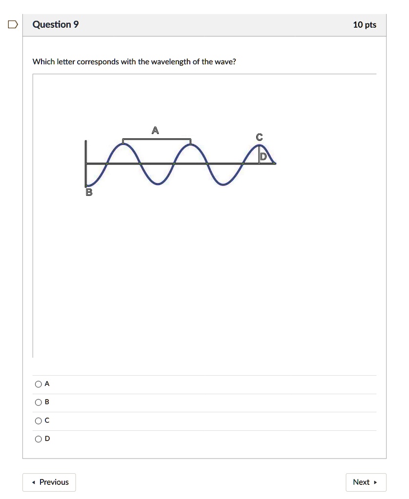 Question 9 10 pts Which letter corresponds with the wavelength of the ...
