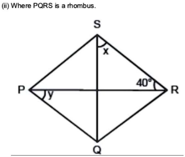 SOLVED: Find the value of x and y in the following figures. Where PQRS is a rhombus. (ii) Where ...