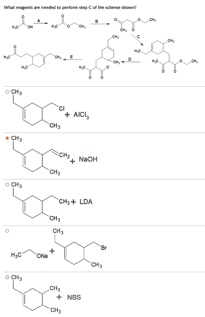 SOLVED: What reagents are needed to perform step C of the scheme shown? CH3 H2O H2O CH3 CH3 CH3 ...