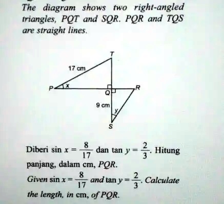 SOLVED: The diagram shows two right-angled triangles, PQT and SQR. PQR and TQS are straight ...
