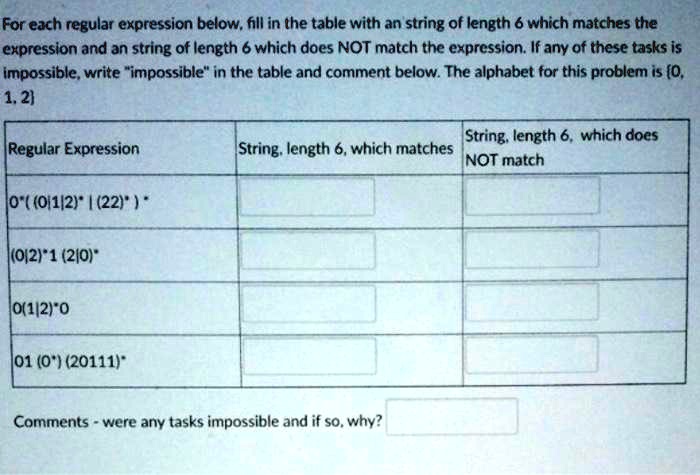 for each regular expression below fill in the table with an string of length 6 which matches the ...