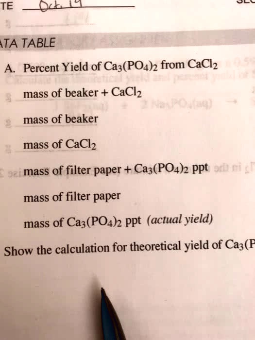 TE Oct 19 ATA TABLE A. Percent Yield of Ca3(PO4)2 from CaCl2 mass of ...