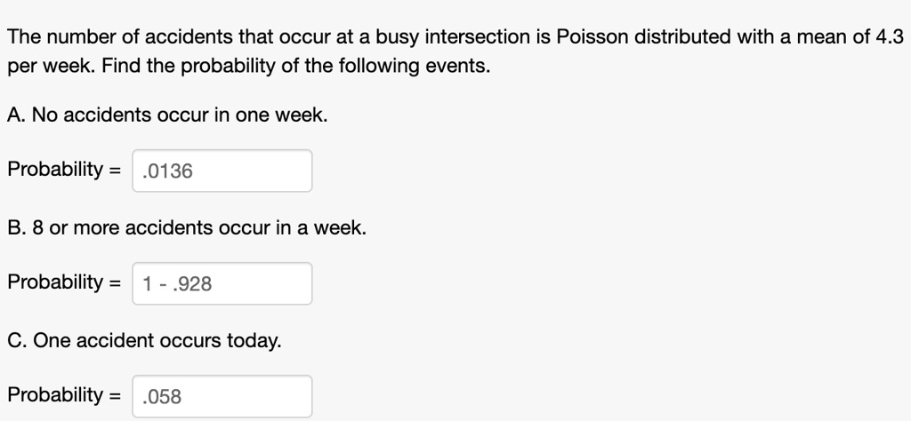 SOLVED: The number of accidents that occur at a busy intersection is Poisson distributed with a ...
