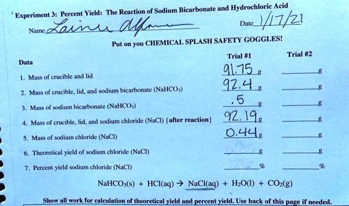 Solved The Reaction Of Sodium Bicarbonate And Hydrochloric Acid