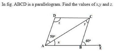 In fig. ABCD is a parallelogram. Find the values of x, y and z.