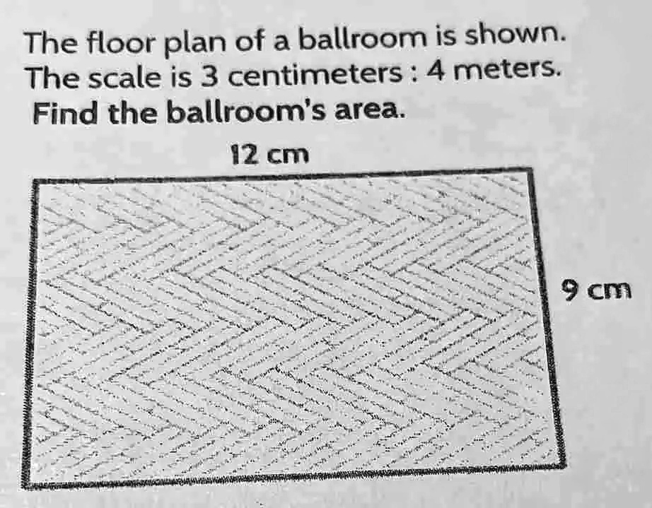 SOLVED: The floor plan of a ballroom is shown: The scale is 3 ...