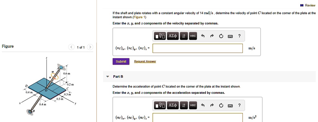 Review If the shaft and plate rotate with a constant angular velocity of 14 rad/s, determine the ...