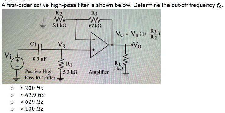 A first-order active high-pass filter is shown below. Determine the cut ...