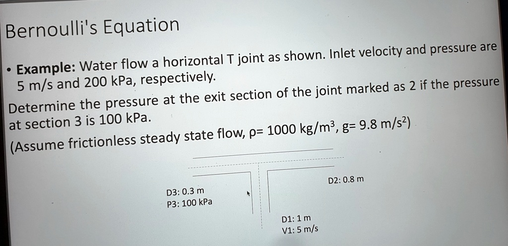 [GET ANSWER] bernoullis equation example water flow a horizontal t joint as shown inlet velocity ...