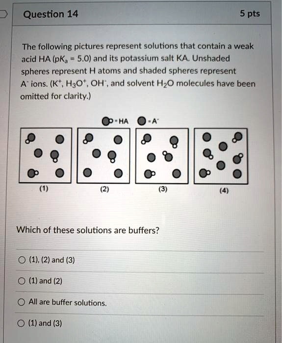 SOLVED: Question 14 5 pts The following pictures represent solutions that contain a weak acid HA ...