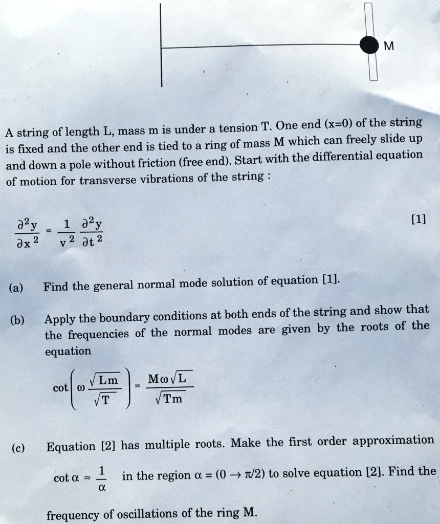 A string of length L, mass m is under a tension T. One end (x=0) of the ...