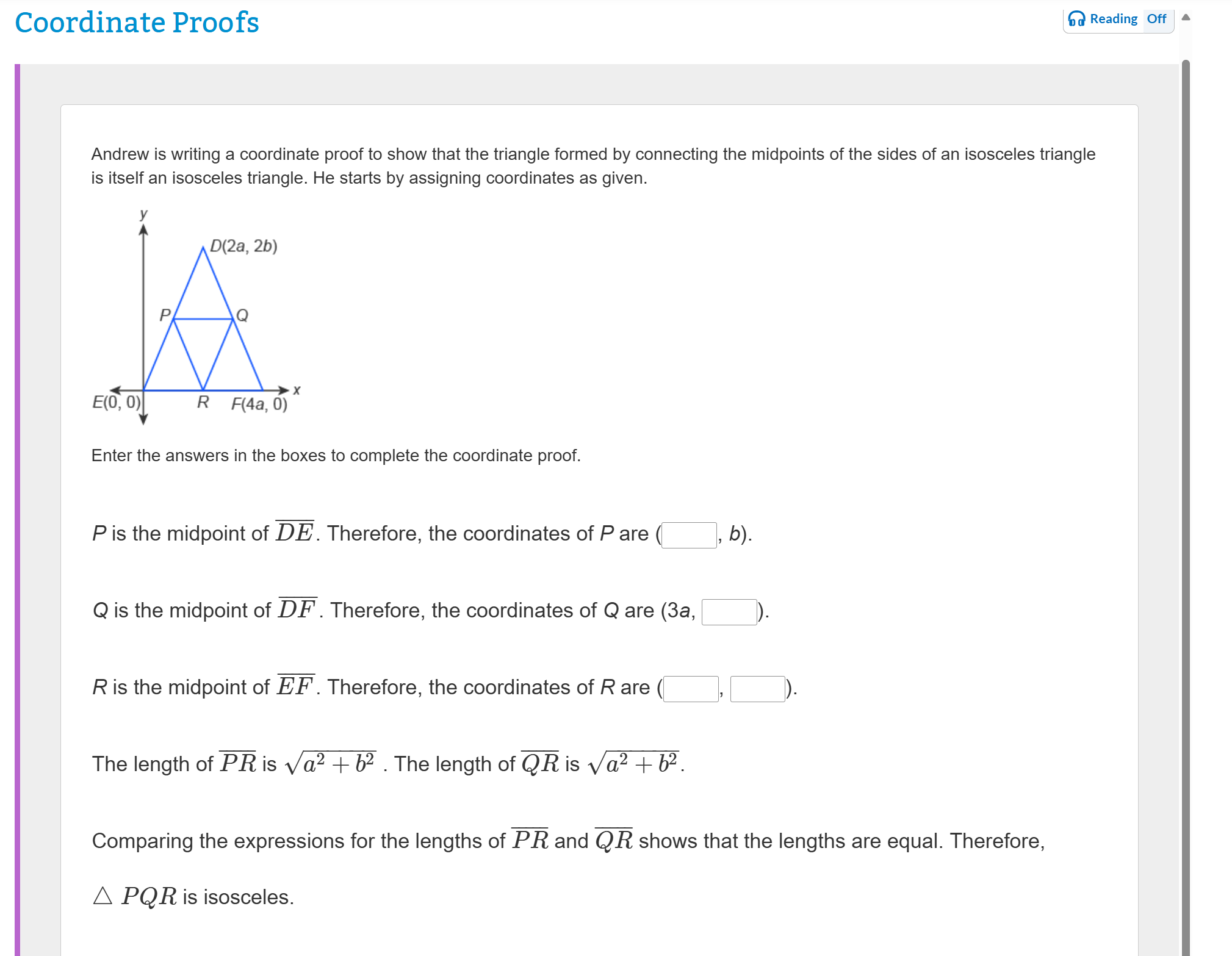 Coordinate Proofs Reading Off Andrew is writing a coordinate proof to ...