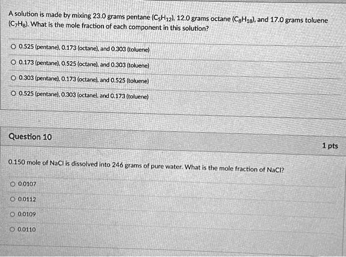 SOLVED: A solution is made by mixing 23.0 grams pentane (CsH1zl, 12.0 ... SOLVED: A solution is made by mixing 23.0 grams pentane (CsH1zl, 12.0 ...