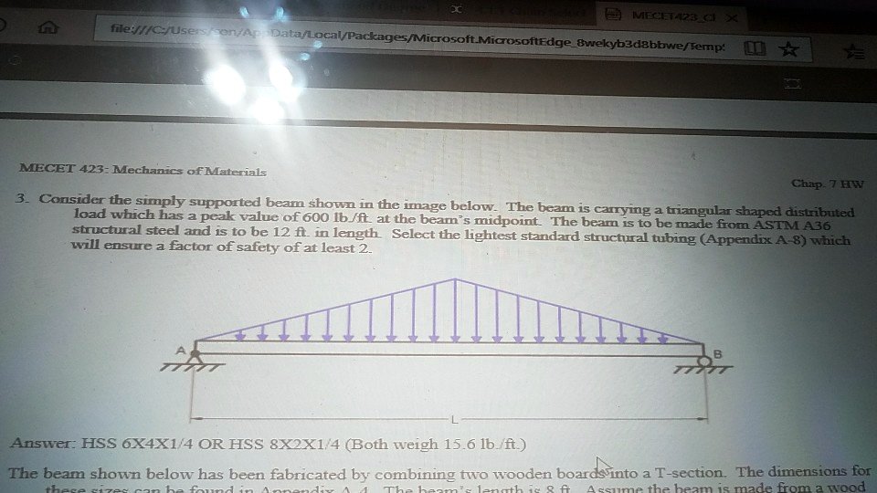 MECET 423: Mechanics of Materials Chap. 7 HW 3. Consider the simply ...
