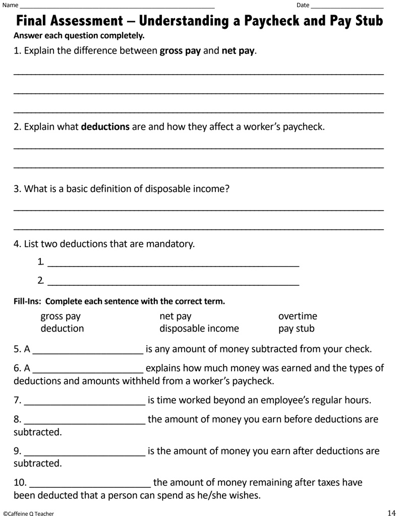 Name Date Final Assessment – Understanding a Paycheck and Pay Stub ...
