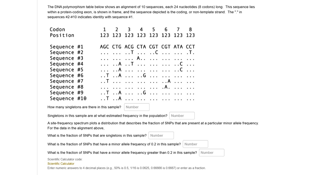 The DNA polymorphism table below shows an alignment of 10 sequences ...