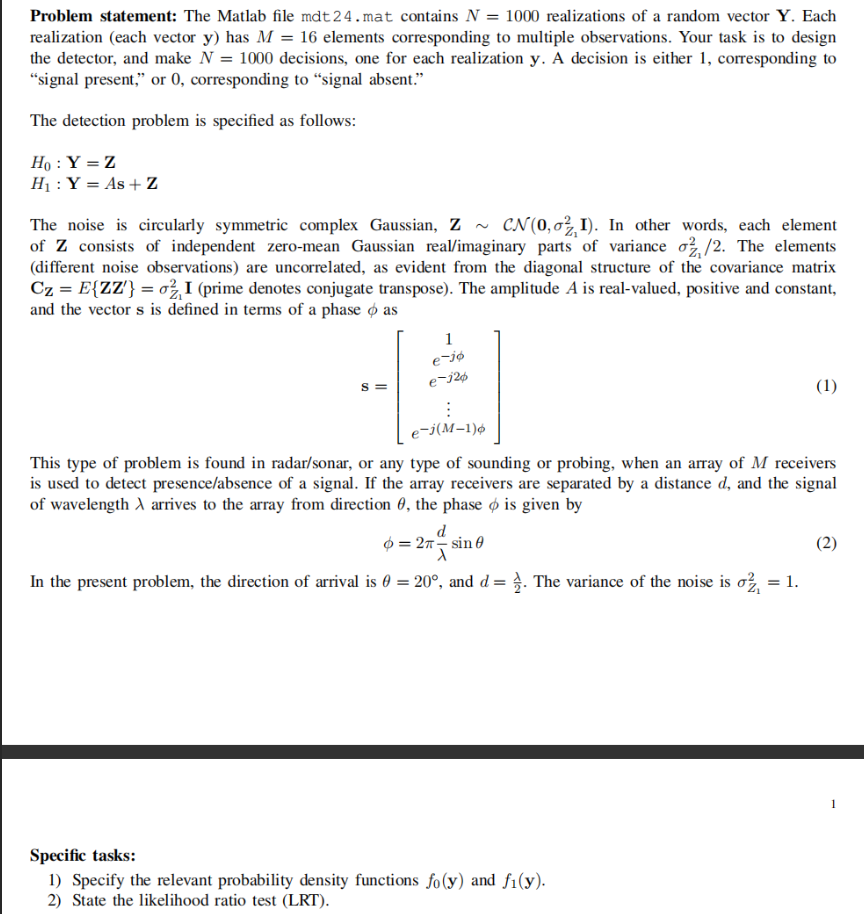 Problem statement: The Matlab file mdt 24 . mat contains N=1000 ...