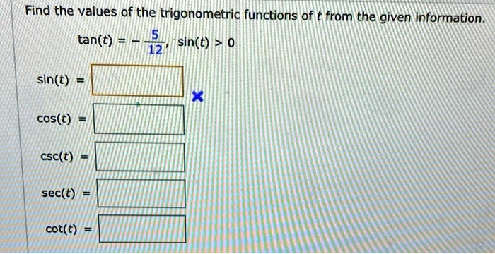 SOLVED: Find the values of the trigonometric functions of t from the given information . tan(t ...