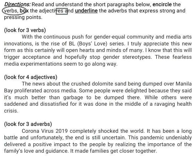 SOLVED: Summative test Week 7-8: Encircle the verbs, box the adjectives ...