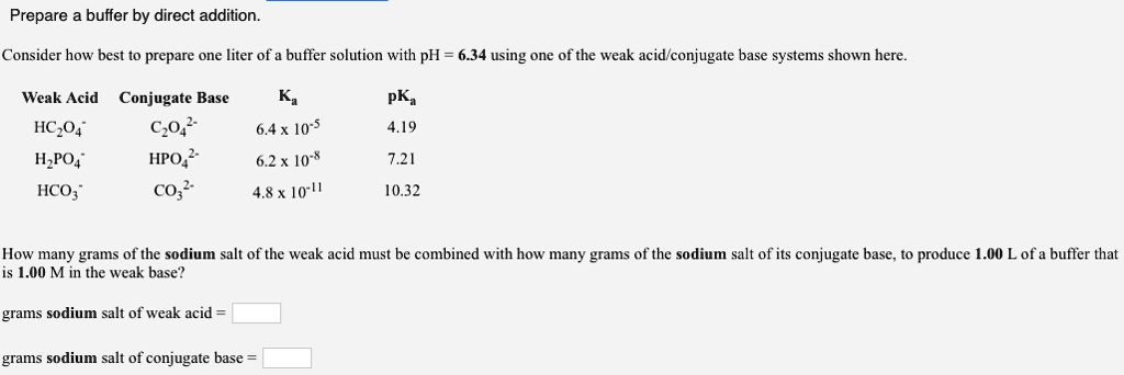 SOLVED: Prepare buffer by direct addition. Consider how best to prepare one liter of buffer ...