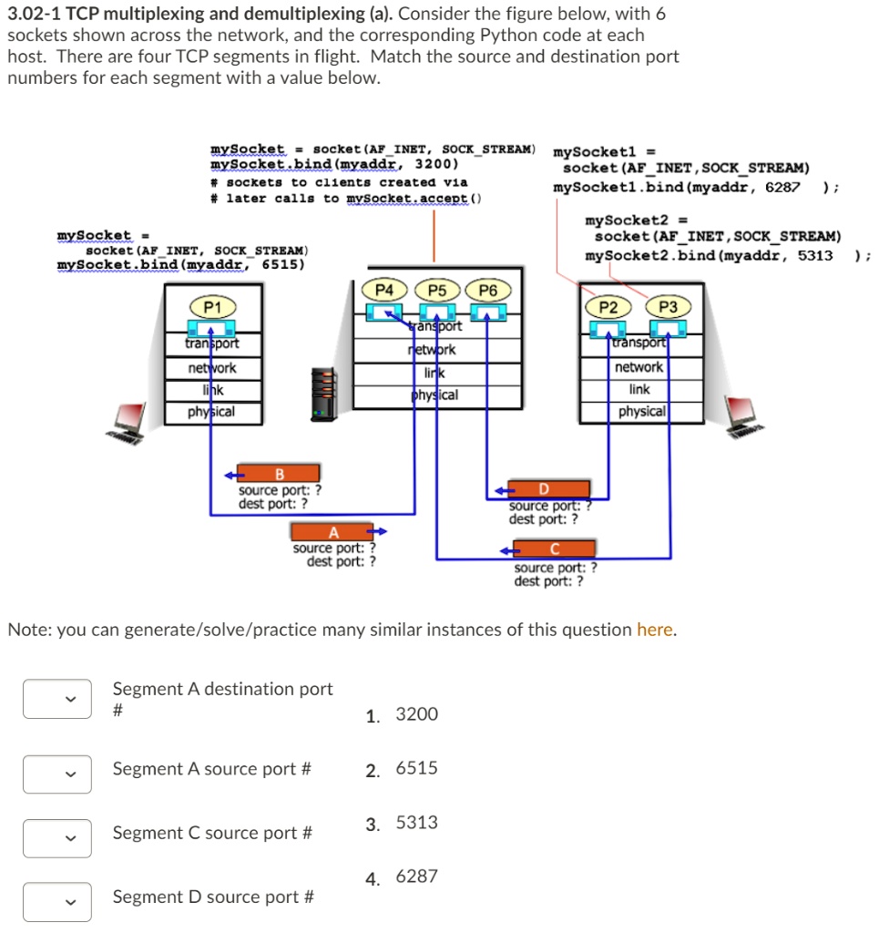 SOLVED: 3.02-1 TCP Multiplexing and Demultiplexing (a): Consider the figure below, with 6 ...