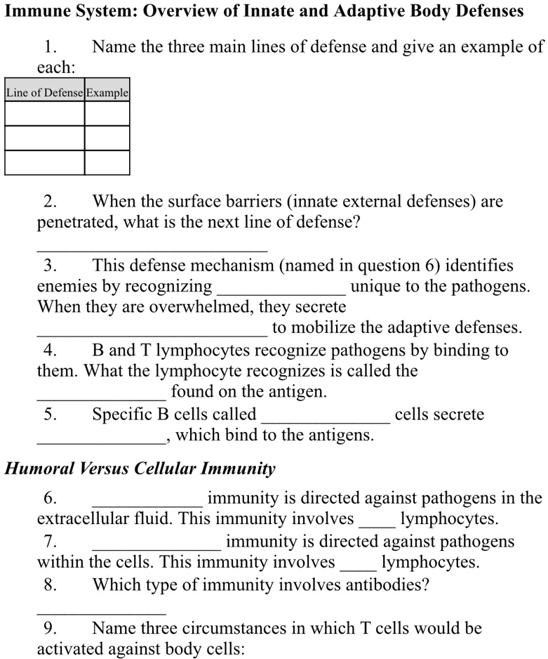 Immune System: Overview of Innate and Adaptive Body Defenses 1. Name the three main lines of ...