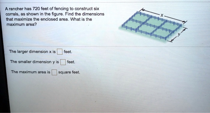 SOLVED: A rancher has 720 feet of fencing to construct six corrals as ...