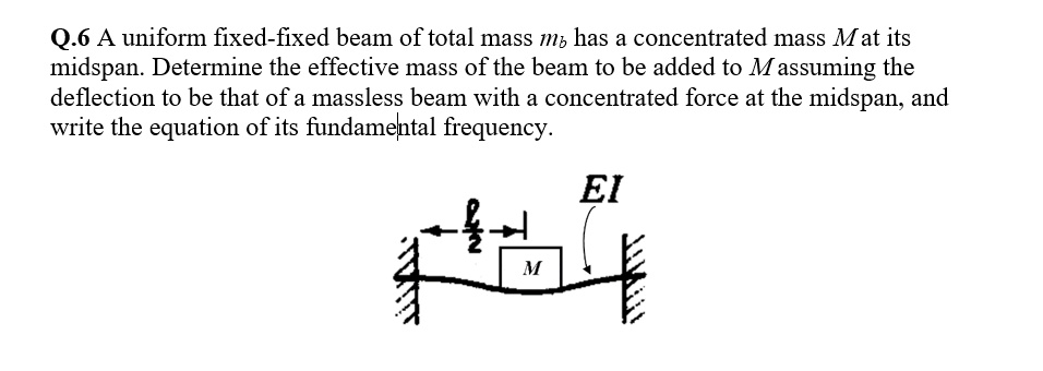 SOLVED: Q.6 A uniform fixed-fixed beam of total mass Ib has a concentrated mass Mat its midspan ...