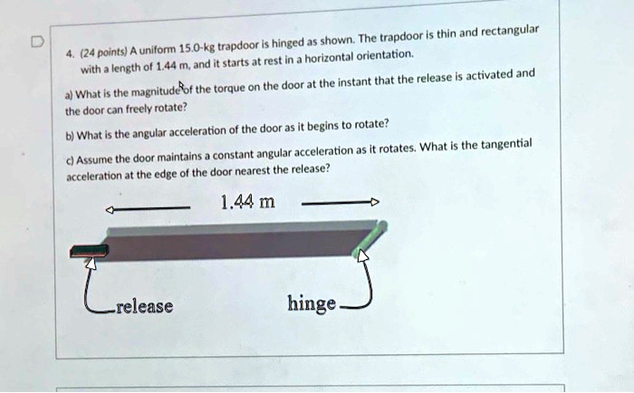 4. (24 points) A uniform 15.0-kg trapdoor is hinged as shown. The ...