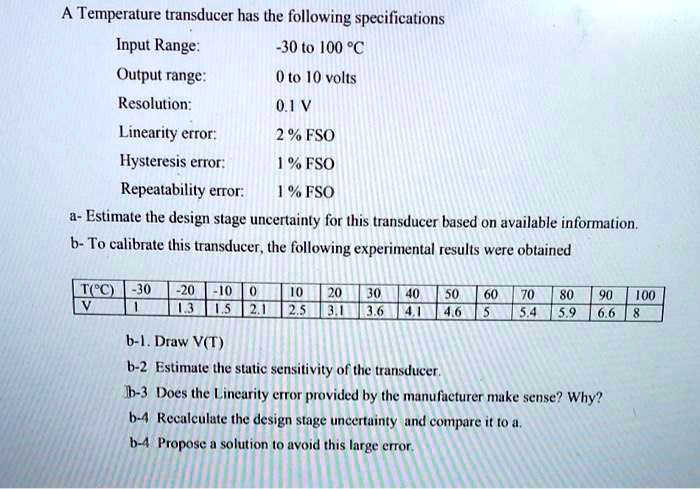 SOLVED: A Temperature transducer has the following specifications: Input Range: -30 to 100 ...