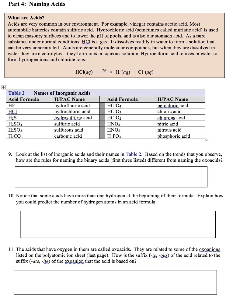 SOLVED: Part 4: Naming Acids What are Acids? Acids are very common in ...